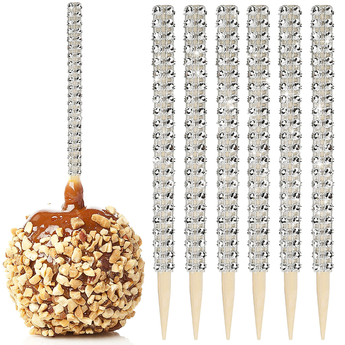 32 PCS Bling Candy Apple Bamboo Sticks, Caramel Apple Wooden Pointed Skewers with Rhinestones Diamond Mesh Wrap, Fruit Treats Pop Dec Bar for Dessert Table Tea Party Birthday Wedding (Silver)