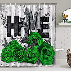 4Pcs Green Home Rose Shower Curtain Sets Bathroom Set Decor with Non-Slip Rugs Bath U-Shaped Mat Toilet Lid Cover Modern Waterproof Bathroom Shower Curtain Sets with 12 Hooks, 70.8×70.8