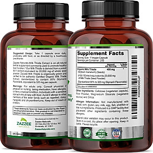 Zazzee Organic Milk Thistle 50:1 Extract, 20,000 mg Strength, 200 Vegan Capsules, 80% Silymarin Flavonoids, Over 6 Month Supply, Standardized and Concentrated 50X Extract, All-Natural and Non-GMO