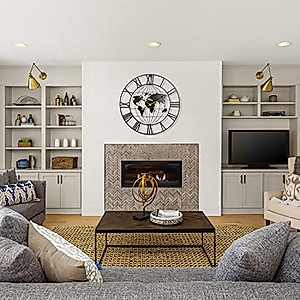 Large World Map Wall Clock, Metal Minimalist Modern Clock, Round Silent Non-Ticking Battery Operated Wall Clocks for Living Room/Home/Kitchen/Bedroom/Office/School Decor (24 Inch)