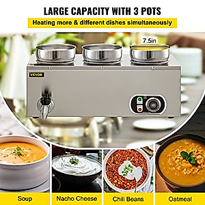 VEVOR 110V Commercial Food Warmer 12.6 Qt Capacity, 800W Electric Soup Warmer Adjustable Temp.86-185℉, Stainless Steel Countertop Soup Pot with Tap, Bain Marie Food Warmer for Cheese/Hot Dog/Rice