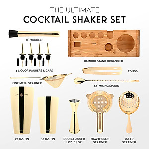Cocktail Shaker Set 18 Piece, Mixology Equipment, All-in-One Cocktail Set, Drink Shaker, Strainers and Essential Bar Tools, Bar Set for Beginner & Professional Use, Gold - WinterCastle Enterprises