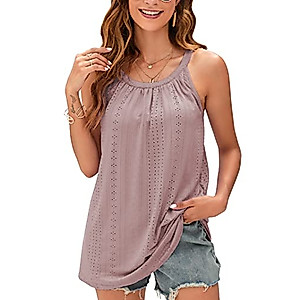 ClearFlower Barbie Tank Top for Women Loose Fit High Neck Sleeveless Halter Tops Casual Pleated Eyelet Summer Flowy Cami Shirts Blouse Deep Pink M