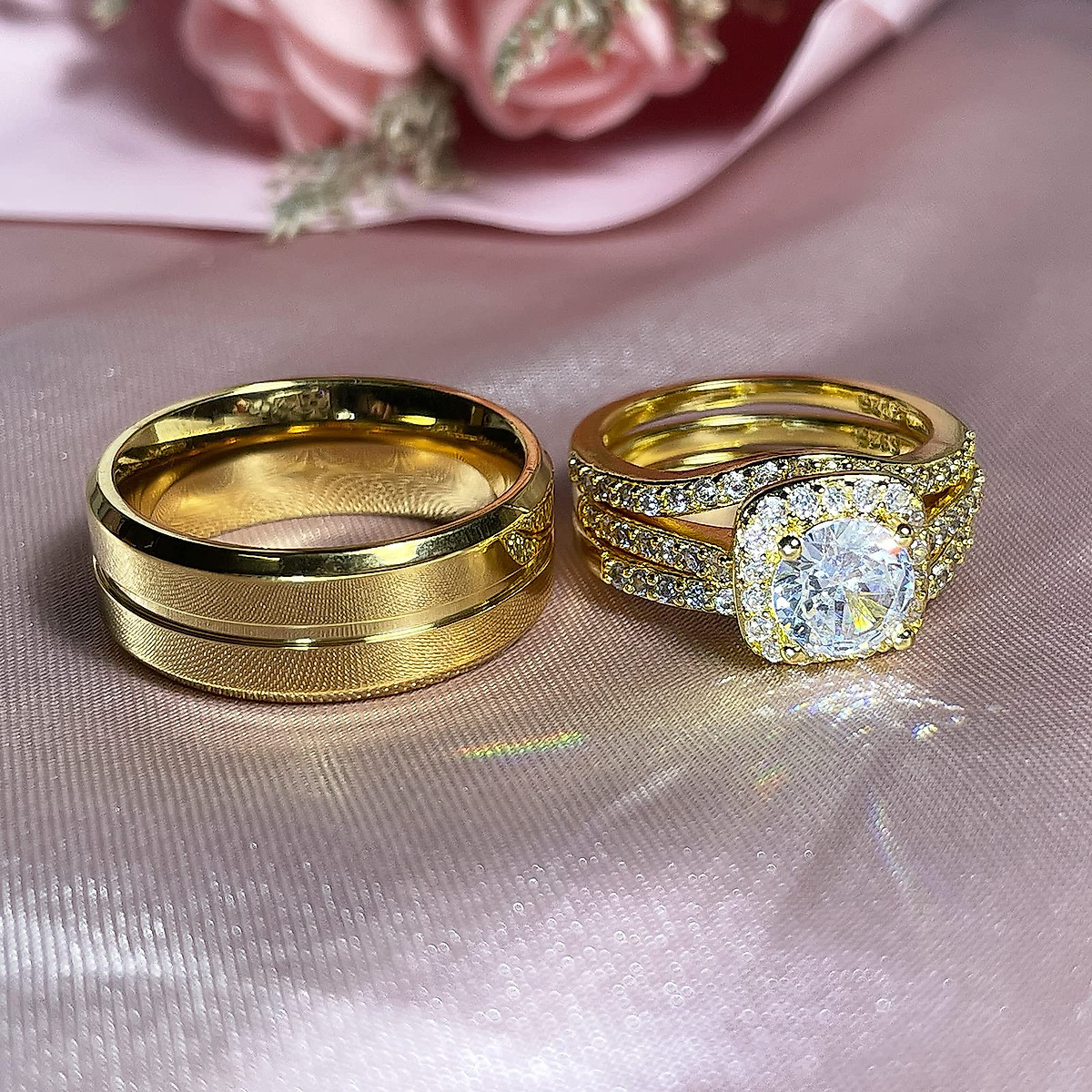 YOYEEWYNS Couples Rings His Hers Women's Halo CZ Engagement 18K Gold Filled Bridal Ring Sets & Men's Titanium Wedding Band 8&7