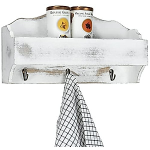Red Co. 16” x 8” Large Decorative Wooden Wall-Mounted Rack Organizer with 3 Hooks in Distressed White Finish