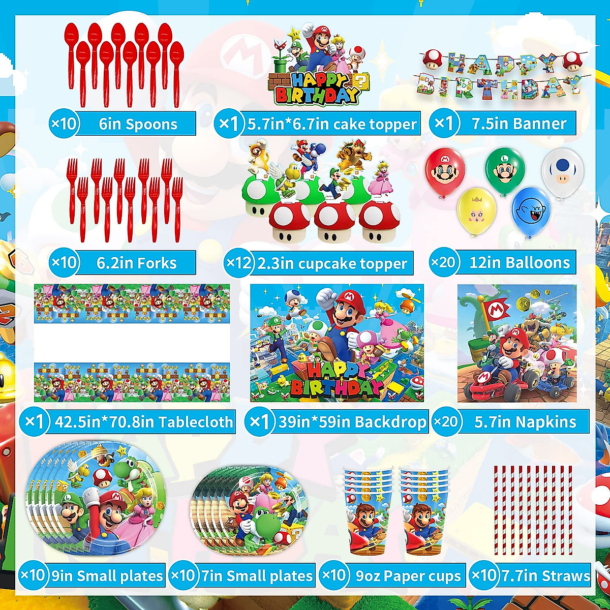 Mario Birthday Party Supplies, 116PCS Mario Party Decorations Include Banners, Backdrop, Plates, Tablecloth, Cup, Forks, Spoons, Cake Topper, straw (10 Guests)