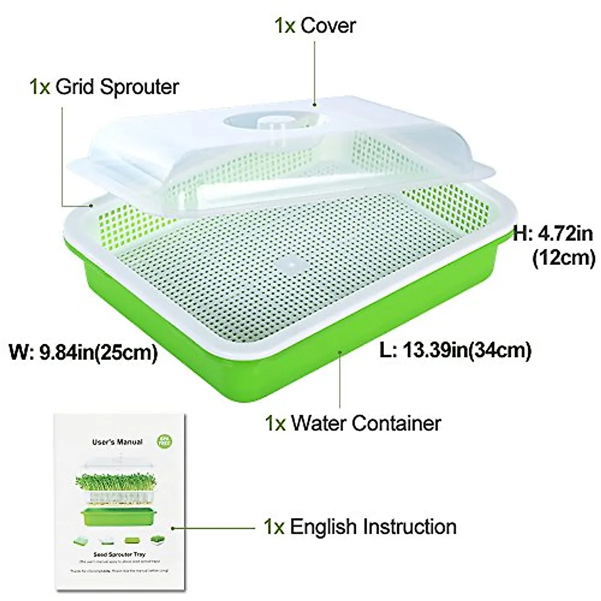 LeJoy Garden Seed Sprouter Tray BPA Free PP Soil-Free Big Capacity Healthy Wheatgrass Grower with Lid Sprouting Kit 13.4x9.84x4.72 inches(LxWxH)