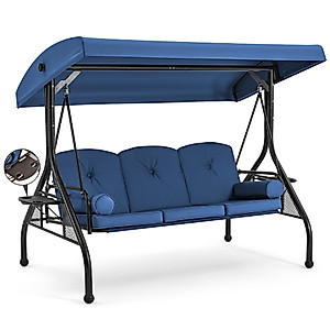 HOMREST 3 Seat Outdoor Porch Swing with Adjustable Canopy, Convertible Patio Swing Bed with Stand, Patio Glider Swing with Upgraded Cup Holder, Thicken Cushions ＆ Pillow for Backyard (Blue)