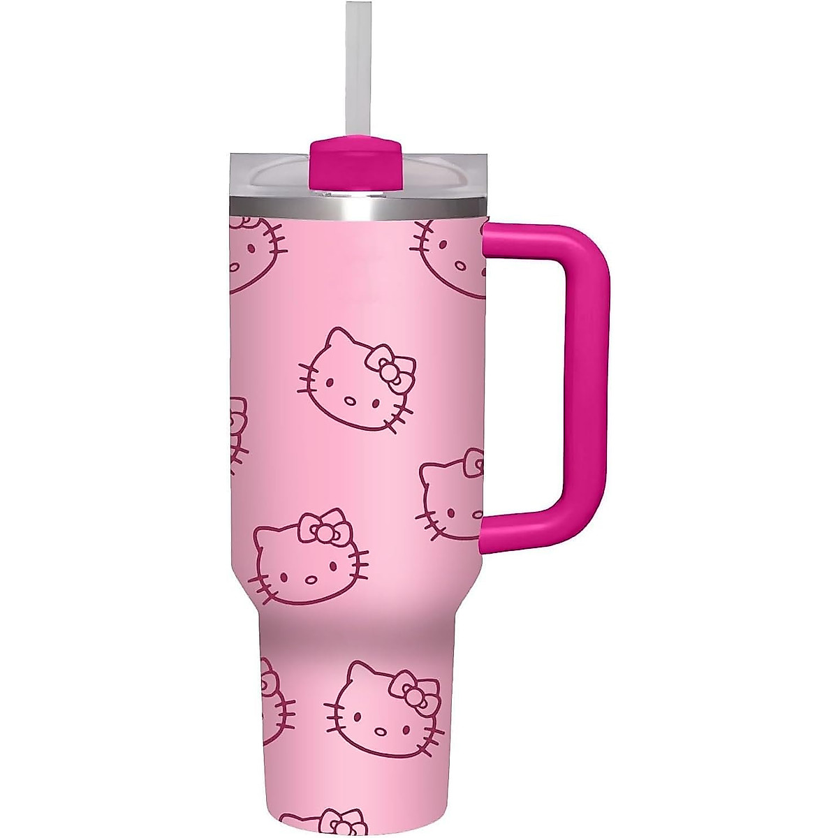 Generic Insulated Tumbler, 1 Sets 40 oz Tumbler with Handle and Straw Lid, Insulated Cup Reusable Stainless Steel Water Bottle Mug Cups,40 Oz Tumbler with Handle, Pink Kitty (Pink)