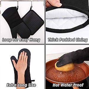 Webake Oven Mitts and Pot Holders Set of 4, 2 pcs Long Silicone Baking Oven Gloves and 2 pcs Silicone Hot Pads with Pocket for Oven Baking