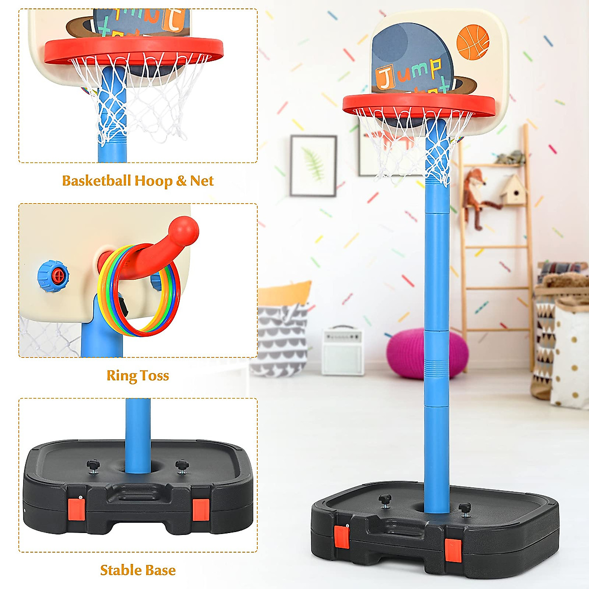 Costzon Basketball Hoop for Toddler, 3-in-1 Sports Activity Center w/Ring Toss, Soccer Goal, 31”-56” Height Adjustable, Indoor Outdoor Basketball Game Play Set for Baby (Car)