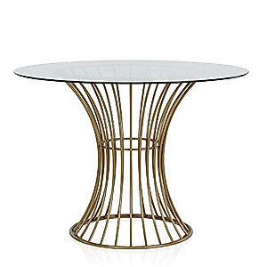 COSMOLiving by COSMOPOLITAN Westwood Modern Clear Tempered Glass Round Top Dining Table with Hourglass Gold Base - Brass
