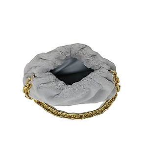 Women’s Dumpling Chain Pouch Bag | Cloud-Shaped Faux Fur Clutch Purse | Aluminum Chain Link Shoulder Ruched Handbag (Medium, Grey)