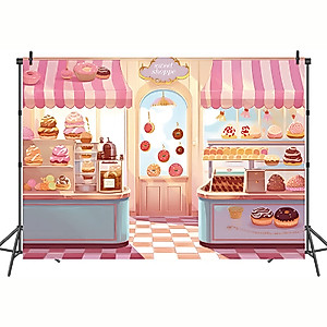 MAQTT Sweet Shop Backdrop Candy Princess Dessert Banner Shop Girl's Birthday Photography Background Children's Party Banner Baby Shower Donut Ice Cream Table Decoration 5x3ft