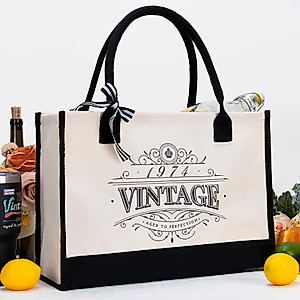 Crisky 50th Birthday Gifts for Women Canvas Tote Bag Vintage 1974 Beach Bag for Sister/Wife/Mom/Aunt/Friends 50th Birthday Gifts,17" x 12" x 7"