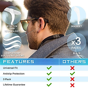 Anchor Glasses Straps - 3 Pack - Sunglasses Retainer Anti-Slip Glasses Grip Ear Hook Eyeglasses Anti-Slip Temple Tip Glasses Holder (Black)