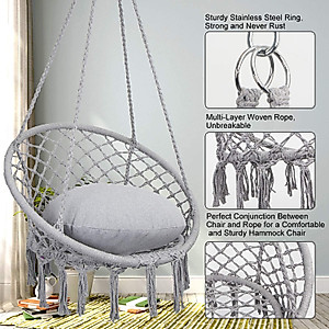 Y- STOP Hammock Chair Macrame Swing, Max 330 Lbs, Hanging Cotton Rope Hammock Swing Chair for Indoor and Outdoor Use, Light Grey