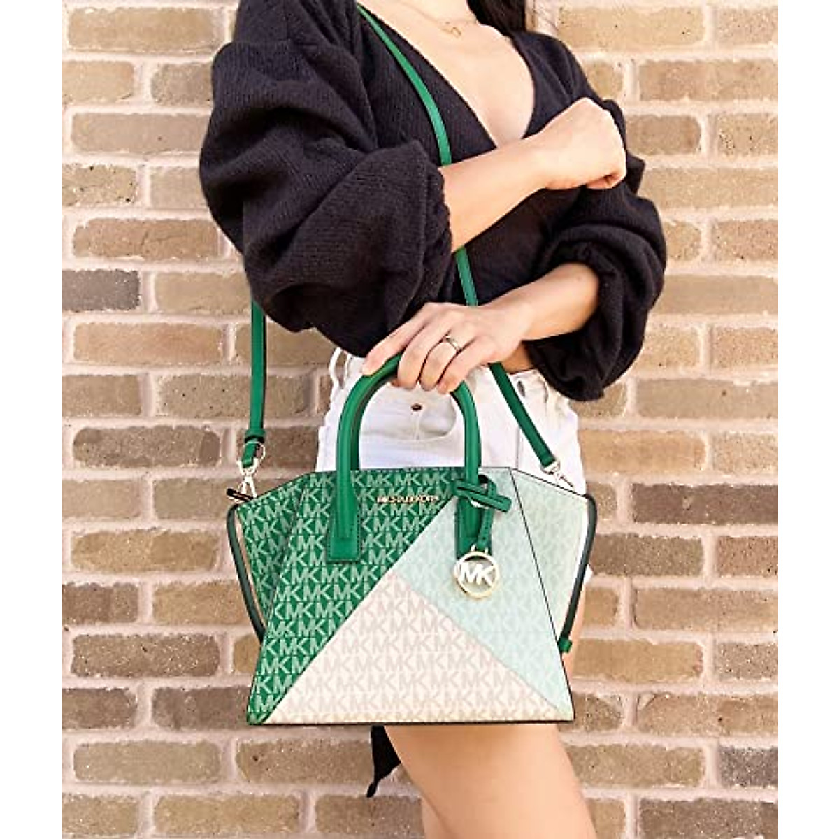 Michael Kors Avril Small Top Zip Satchel Crossbody MK Signature Colorblock (Palmetto Green)