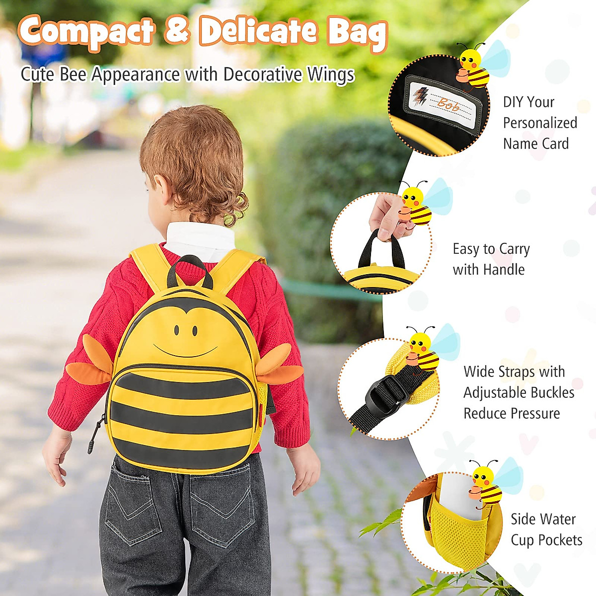 HONEY JOY 12" Bee Themed Kids Travel Backpack & 18" Hardside Suitcase with Wheels, Yellow, 2 Pcs