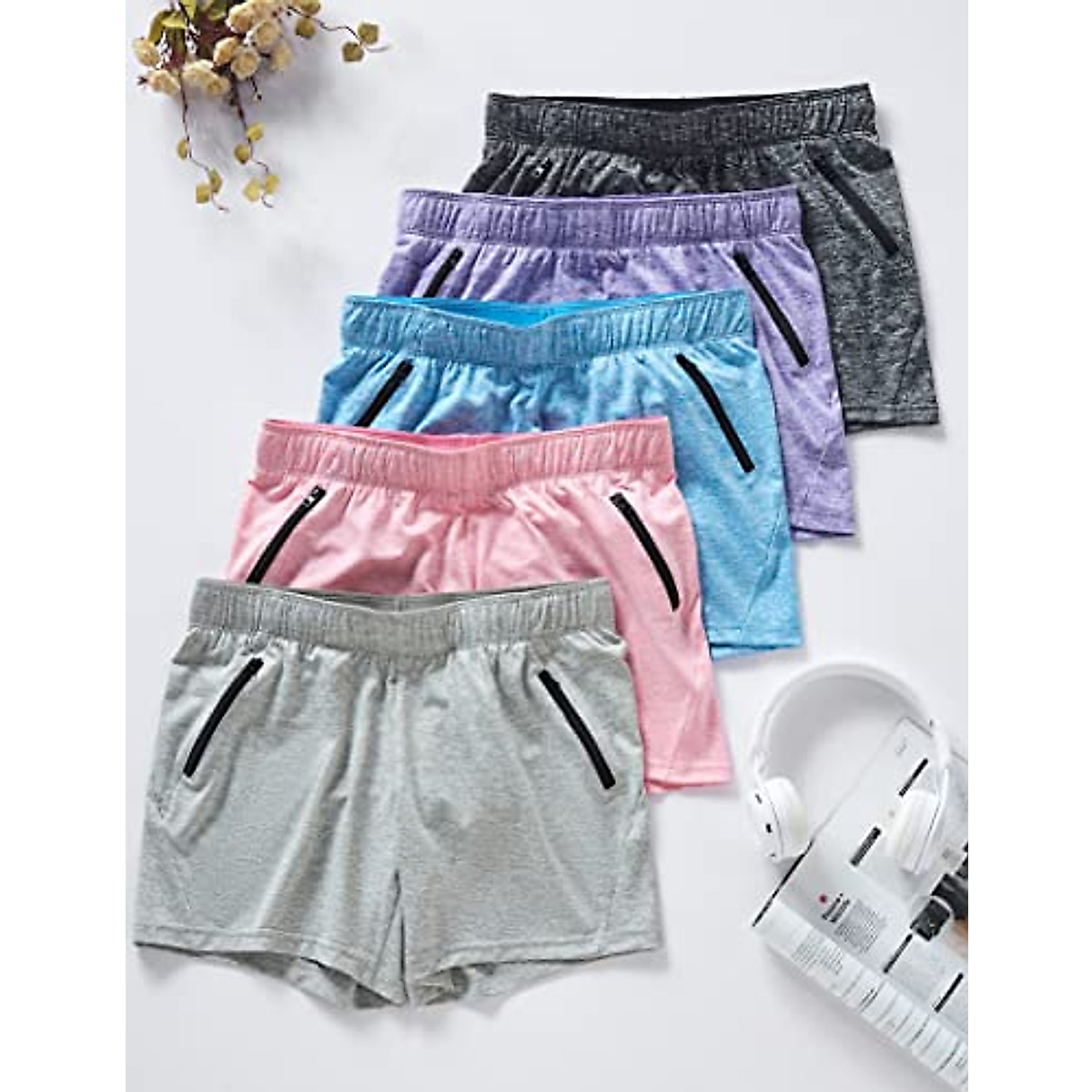 5 Pack: Womens Workout Gym Shorts Casual Lounge Set, Ladies Active Athletic Apparel with Zipper Pockets (Set 1, Large)