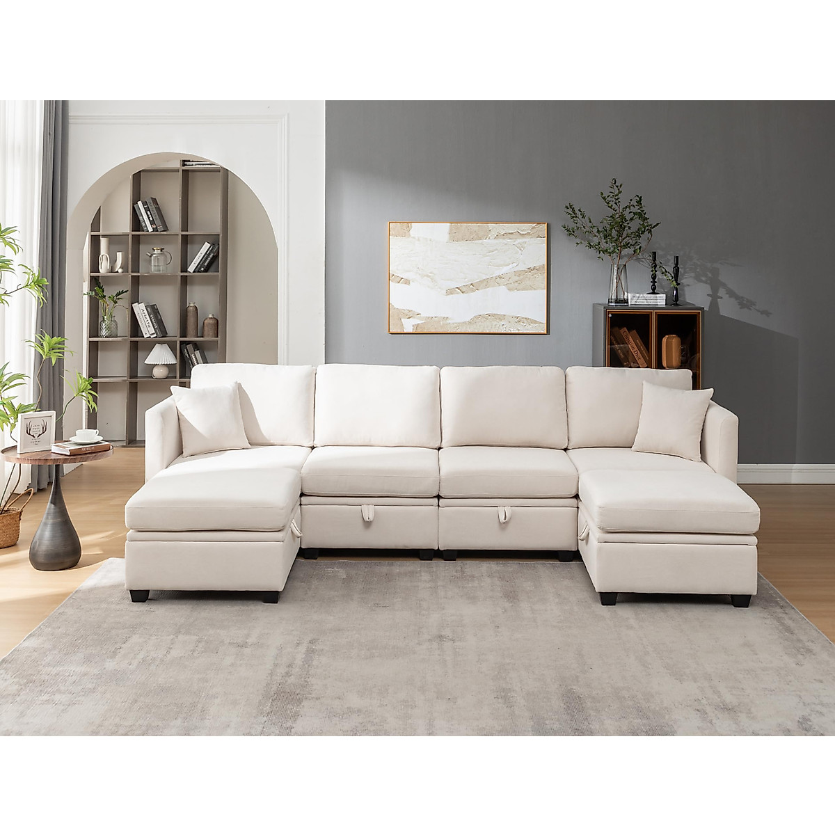 BEARMANOUTDOOR Modular Sectional Couch Sofa,Convertible L-Shaped U-Shaped Couch with Storage, Adjustable Backrest,High Supportive,6-Seat Sofa with Chaise, Living Room (Beige)