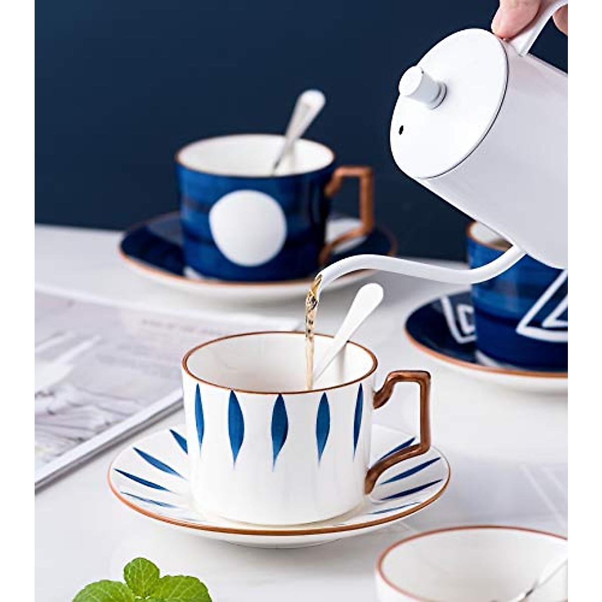 Jusalpha Japanese style hand printed- 7oz Fine China Tea Cup/Coffee Cup With Spoon and Tray/Saucer Set, Tableware, Serve of 4, TCS25