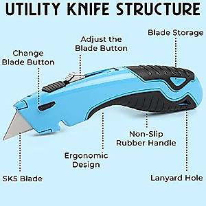 TIFICAL Box Cutter - Utility Knife Quick Change Blade - Box Cutter Retractable with 10 SK5 Blades - 3 Position Retractable Knife - Blade Storage Design - Box Cutters Retractable Heavy Duty