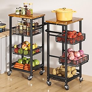 Fruit Basket for Kitchen Pantry Organizers - 4 Tier with Wheels, Wooden Top Table, Stackable Metal Wire Basket Stand for Fruit Vegetable Snacks Storage Organization, Black