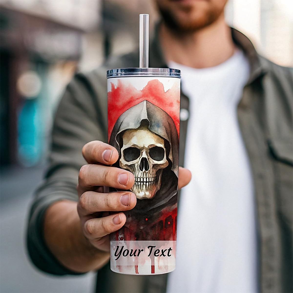 Personalized Custom Name Text Death Grim Reaper Black Red Shades Watercolor Skinny Tumbler 20oz with Straw Insulated Water Bottle Gift - 1 Line Horizontal