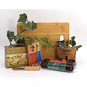 Gift Basket Village Board Of Directors Meat & Cheese Gift Arranged On Durable Bamboo Cutting Board With Sausage, Cheese and Crackers & A Spreader, Small, 8 Piece Set