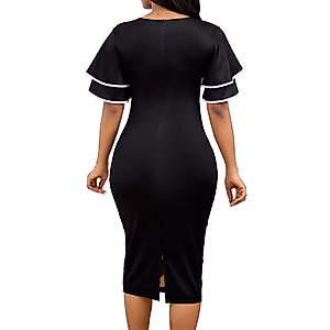 Women's Sexy Church Dress V Neck Short Ruffles Sleeve Clubwear Elegant Pencil Bodycon Midi African Ladies Dresses Black