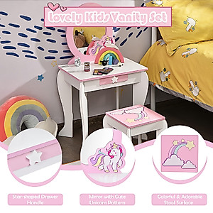 OLAKIDS Kids Vanity, 2 in 1 White Princess Wooden Table and Chair Set for Toddlers with Detachable Unicorn Mirror, Stool, Storage Drawer, Pretend Beauty Make Up Dressing Play Set for Girls Age 4-9