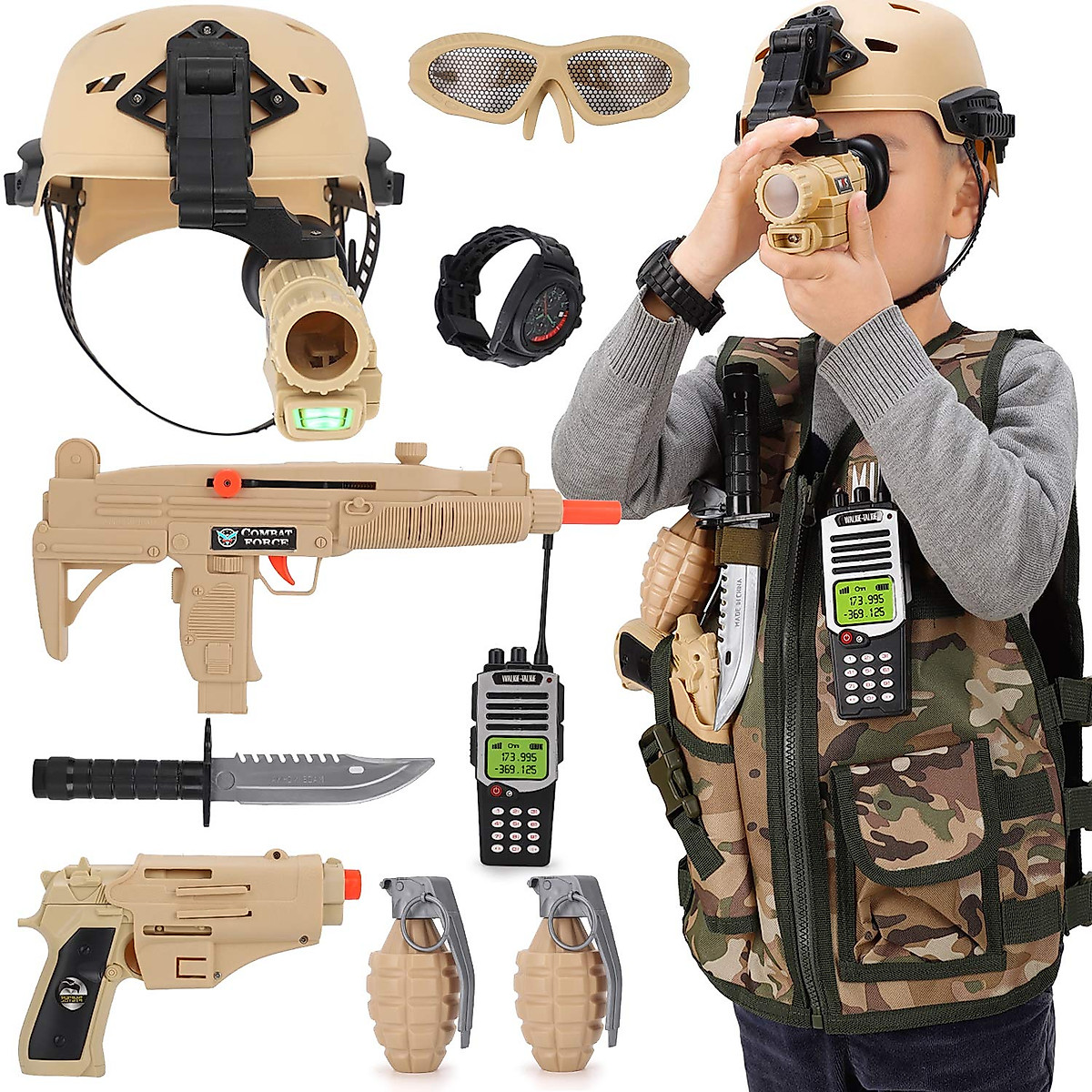 Liberty Imports Kids Army Soldier Military Combat Marines Desert Camo Halloween Costume, Deluxe Dress Up Cosplay Role Play Set with Helmet, Toy Guns, Accessories (11 Pcs)