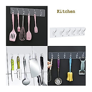 6 Pack Multifunctional Transparent 6 Hooks,Adhesive Row Hooks,Self Adhesive Sticky Hooks Waterproof Transparent Hooks,Kitchen Bathroom Hooks Waterproof Wall Hooks,Seamless Reusable