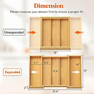 Lifewit Utensil Organizer for Kitchen Drawer, Expandable Cooking Utensil Tray, Bamboo Cutlery Silverware Flatware Holder, Adjustable Spatula Tools and Gadgets Storage Divider, Large, Natural