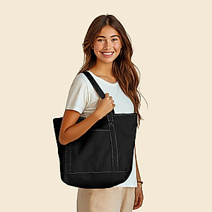 DALIX 20" Solid Color Cotton Canvas Shopping Tote Bag in Black-White