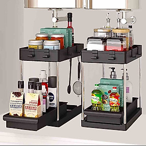 MOUDAO 2 Pack Under Sink Organizers and Storage Bathroom Organizer, 2 Tier Black Under Sink Organizer Cabinet Kitchen Organization Pantry Closet with Pull-Out Drawers, Anti-slip Mats, Hanging Hooks