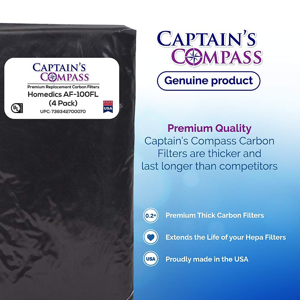 CAPTAIN'S COMPASS Replacement Carbon Filter 4-Pack for Homedics AF-100 Air Purifier, AF-100FL, Made in USA, 4 Pack