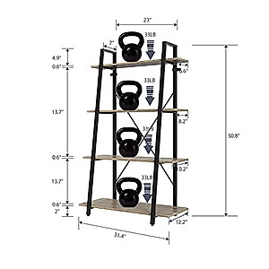 UMESONG 4-Tier Rustic Ladder Shelf Wooden and Metal Bookshelf Open Industrial Shelves Modern Leaning Bookcase Free Standing Shelving Unit for Living Room, Bedroom, Office, Kitchen (Grey)