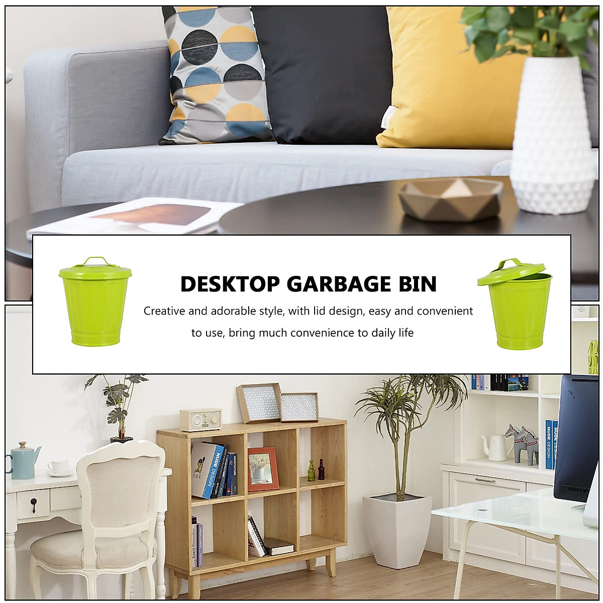 POPETPOP Small Trash Can with Lid, Tiny Garbage Can Galvanized Vase Plant Pots Mini Wastebasket with Lid Desk Organizer Storage Bin Pen Holder Desktop Trash Bin Metal Planter Bucket