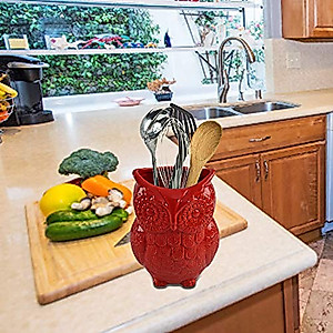 Home-X Ceramic Owl Utensil Holder - Kitchen Organizer, Large Utensil Caddy for Counter, Cooking & Spatula Storage Crock, Farmhouse Decor, Home & Kitchen Accessory, Red