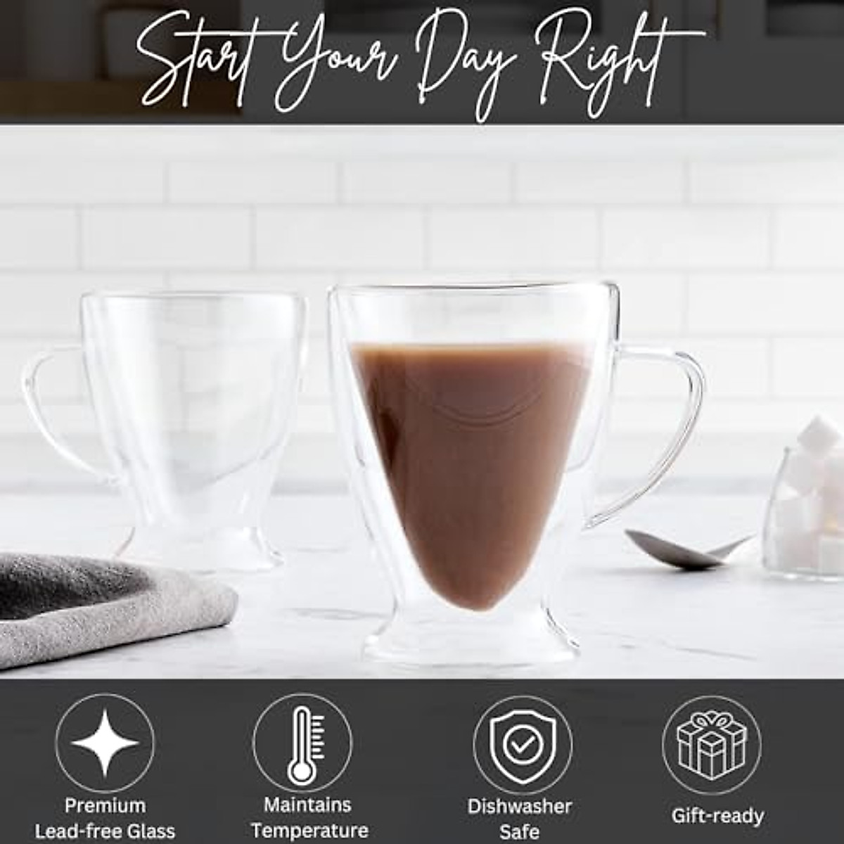 Sister.ly Drinkware Double Wall Glass Coffee Cups, Insulated Glass Coffee Cups, Set of 2, 12 ounces (Clear)