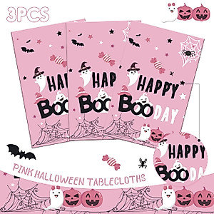 3 Pack Halloween Tablecloths Pink Halloween Party Decorations Pumpkin Ghost Happy Boo Day Halloween Table cover Rectangular Plastic Table Cover for Indoor Outdoor Halloween Party Home Decorations