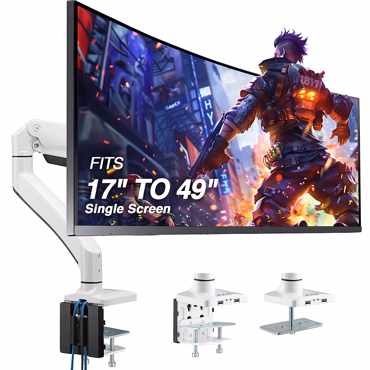AVLT Single 17"-49" Super Ultrawide Monitor Arm for Screens Up to 50 lbs, Premium Aluminum Desk Stand, Adjustable Pneumatic Height, Full Motion Swivel Tilt Rotation, USB 3.0 & AUX Ports, White