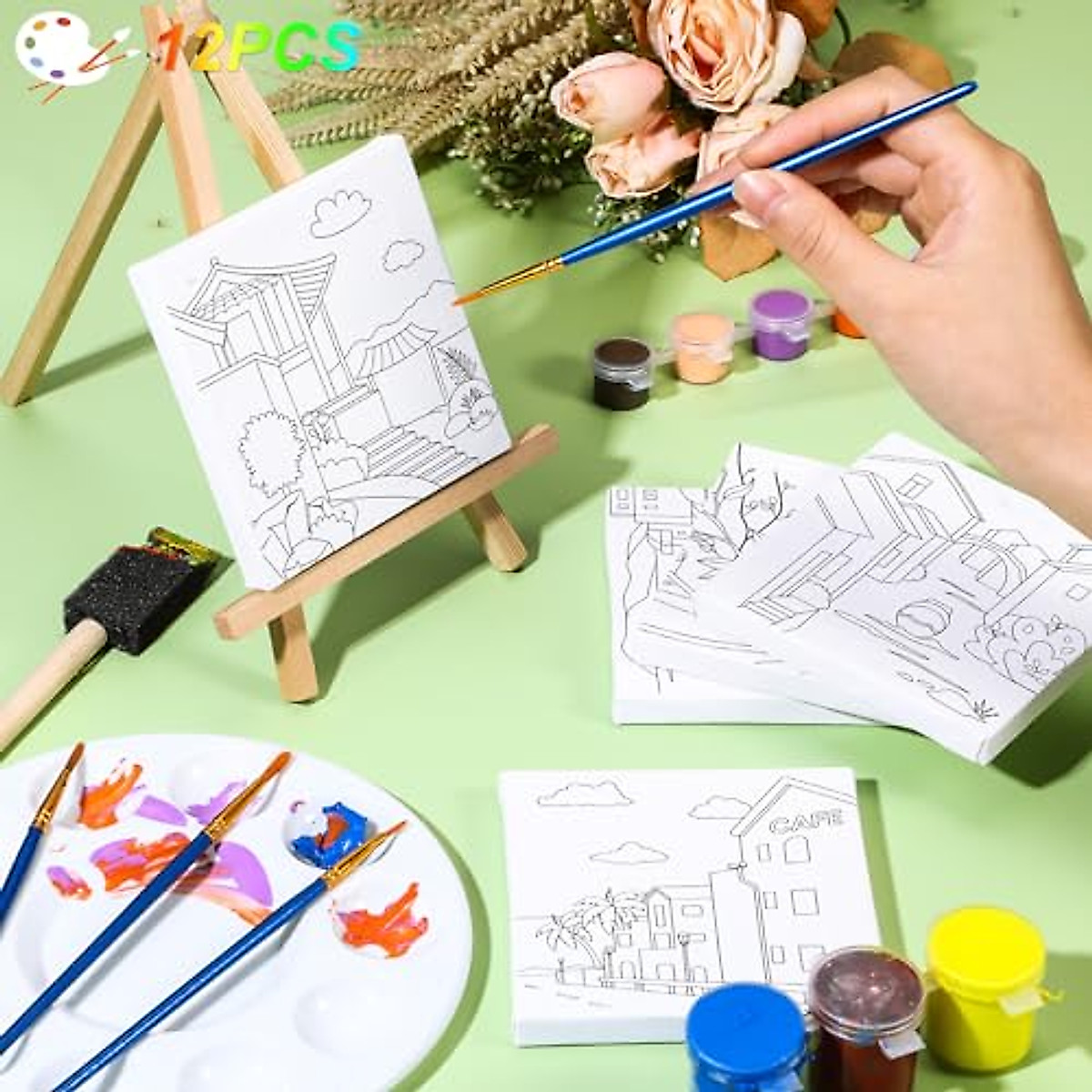 Meanplan 12 Pcs Pre Drawn Outline Canvas 10 x 8 Inch, Pre Drawn Stretched Canvas Painting Boards for Painting Art Party Favor for Adult Student Kids DIY(Scenery)