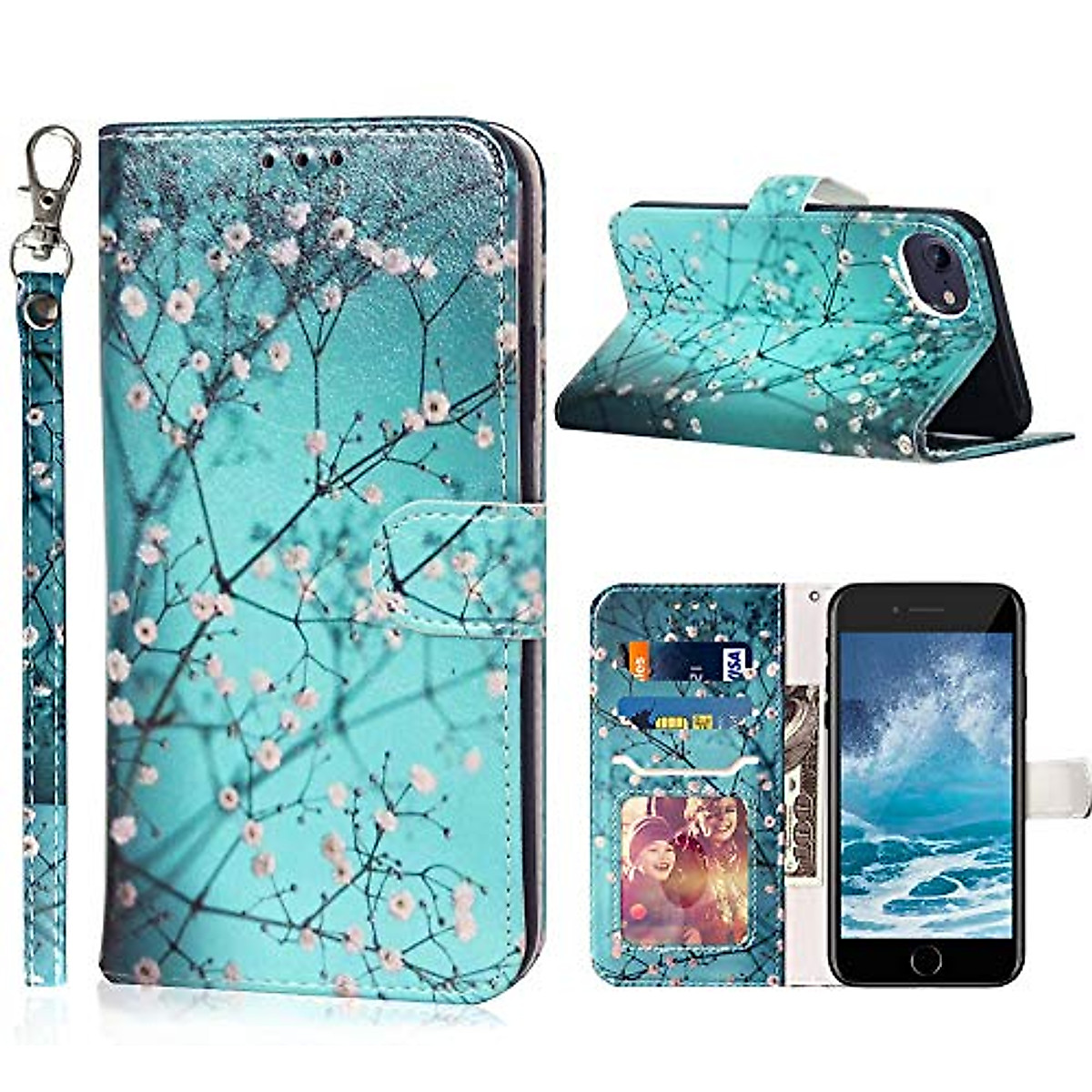 JanCalm for iPhone SE 2022 Case,iPhone 8 Wallet Case,iPhone 7 Case,iPhone SE 2020 Case,iPhone 6/6S Case (Not Plus),PU Leather [Wrist Strap] [Card Holder/Cash Slots] Stand Flip Cover (Plum Blossom)