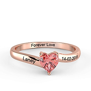 Ashleymade Personalized Promise Rings for Her Heart Simulated Birthstone Rings with Name Couple Rings Engagement Rings Jewelry for Valentines Day (Rose Gold, 9)