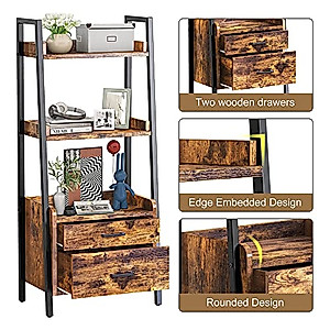 FABATO 3-Tier Ladder Shelf Bookcase with 2 Drawer Organizer Display Shelves Freestanding Bookshelf with Metal Frame for Living Room Office Kitchen Rustic Brown