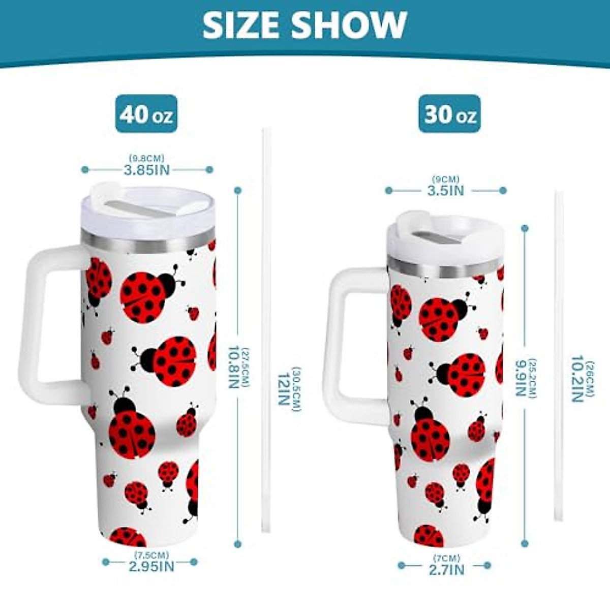ARGTILDN 40 oz Tumbler Cute Red Ladybugs Insulated Travel Mug with Handle and Straw Lid Stainless Steel Vacuum Coffee Cup Tea Beverage Container Water Bottles for Car Sports office