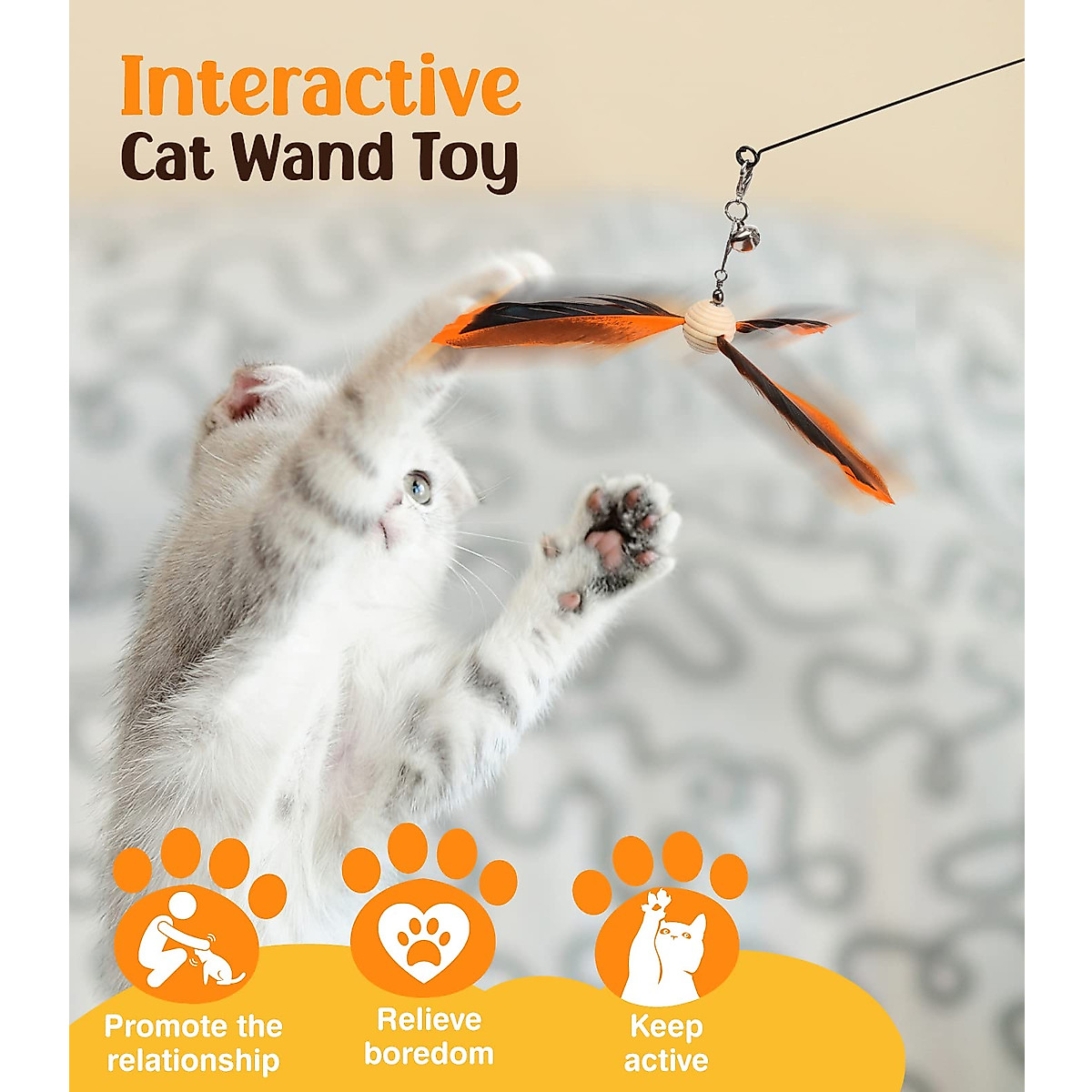 Pawaboo Feather Teaser Cat Toy, Interactive Feather Wand Cat Toy Flying Feather Cat Catcher with Extra Long 35" Wand and Small Bell, Fun Exerciser Playing Toy for Kitten or cat, Orange